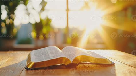 Open Bible Spiritual With Golden Pages Resting On Wooden Table In Warm