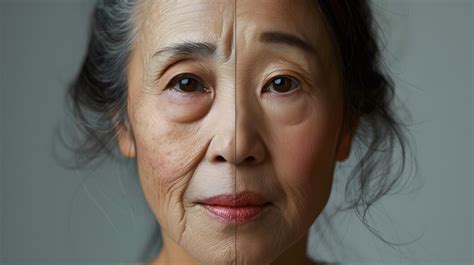 An Asian Womans Face With Wrinkles And Skin Greying Over Time On The