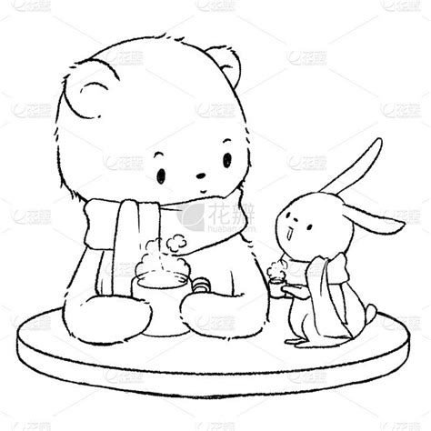 熊和兔子一起喝热巧克力。对儿童插图。冬天概念，爱情和友谊。图片冬天图片图片素材 花瓣网
