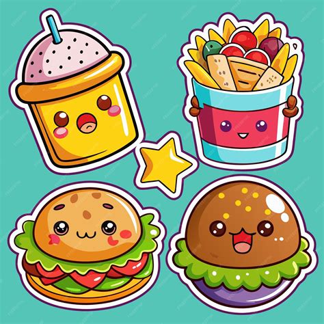 Cute Cartoon Food Stickers With A Milkshake Fries And Two Burgers
