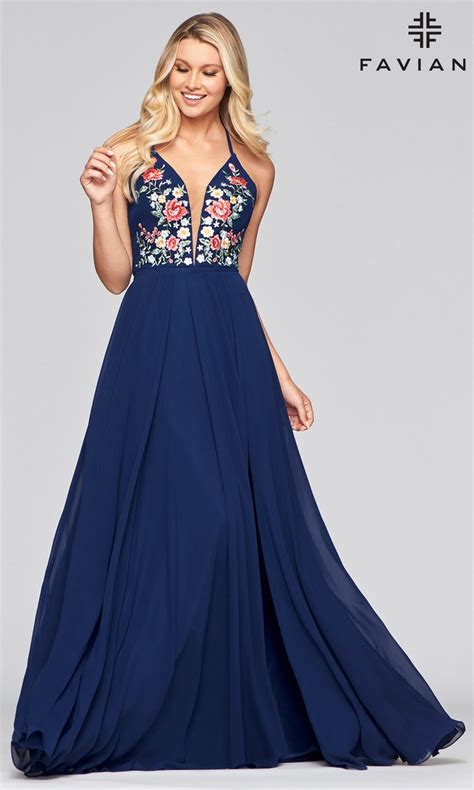 Faviana Embroidered Bodice Long Chiffon Prom Dress