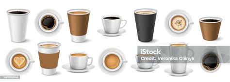 컵에 갈 현실적인 커피 커피숍 종이와 세라믹 컵 모형 테이크아웃 카푸치노 라떼 에스프레소 3d 벡터 일러스트레이션 세트 커피
