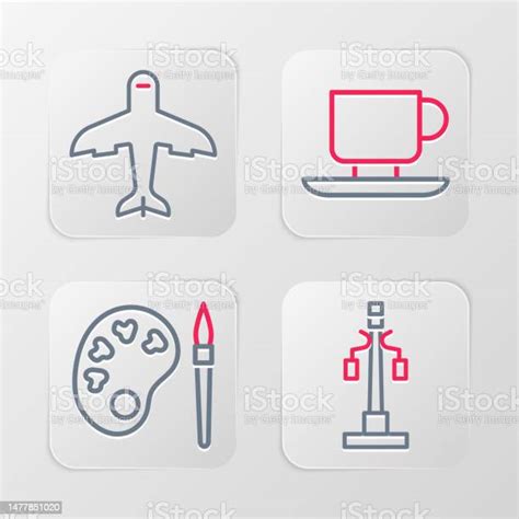 선 가로등 팔레트가있는 페인트 브러시 커피 컵 및 비행기 아이콘을 설정합니다 벡터 거리에 대한 스톡 벡터 아트 및 기타 이미지 거리 건축 경영자 Istock
