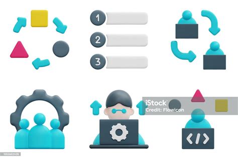 민첩한 3d 벡터 아이콘 세트입니다 위임 의존성 유연성 우선 순위 팀 작업 흰색 배경에 격리되어 있습니다 3d 아이콘 벡터 렌더링 그림입니다 3차원 형태에 대한 스톡 벡터