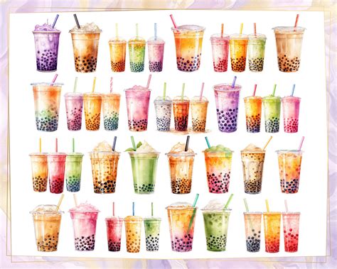 Bubble Tea Watercolor Style Illustrations Colorful Boba Drink Multi