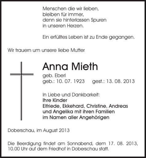 Traueranzeigen Von Anna Mieth Trauer Anzeigen De