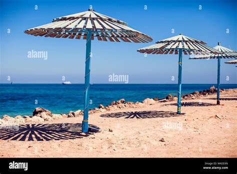 Sun Umbrellas On A Beach With Sea Background Summer Vacation Concept