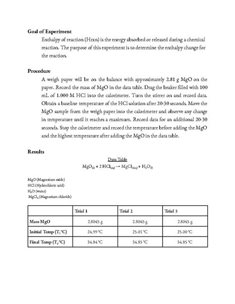 Lab Report 7 Goal Of Experiment Enthalpy Of Reaction Hrxn Is The