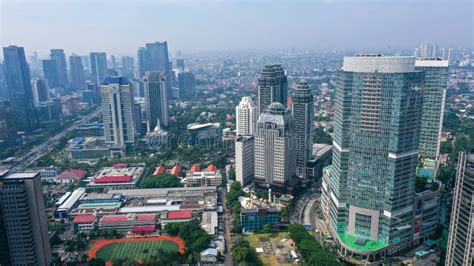 Aerial View Of Jakarta Downtown Skyline With High Rise Buildings At