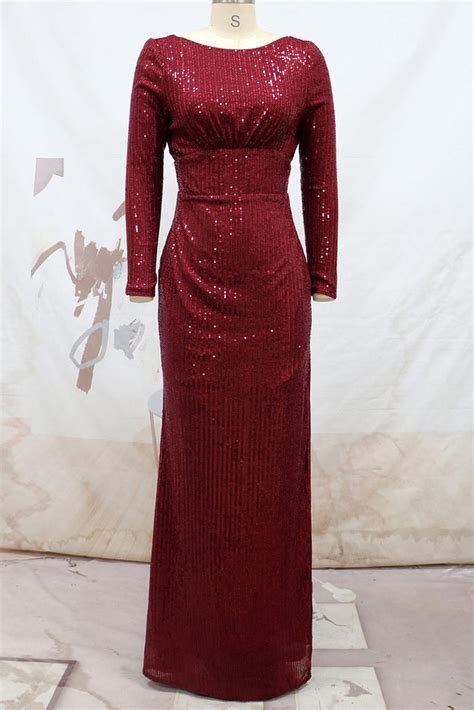Burgundy Long Sleeve Backless Evening Prom Dress Mislish