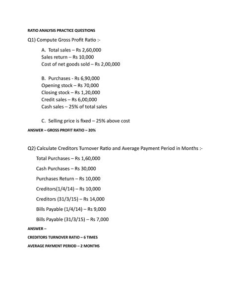 Ratio Analysis Practice Questions Ratio Analysis Practice Questions