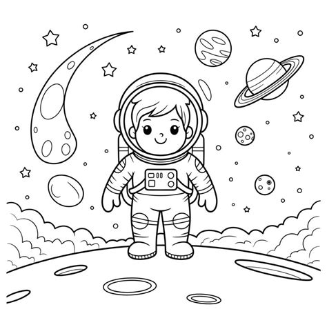 Cute Astronaut In Space Coloring Page With Planets And Stars 75326413