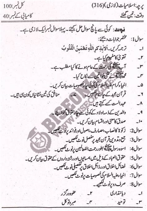 Aiou Intermediate Islamiat 316 Solved Past Papers Download Bise Online