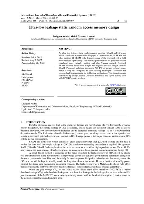 Pdf Ultra Low Leakage Static Random Access Memory Design