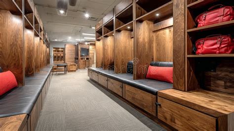 Modern Wooden Locker Room With Black Leather Seating And Red Cushions