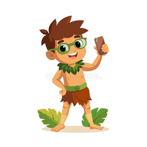 Cartoon Caveman Boy With Glasses Taking Selfie With Phone In Jungle