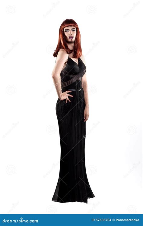 Full Length Portrait Of Cute Redhair Shemale With Beard And Make Stock