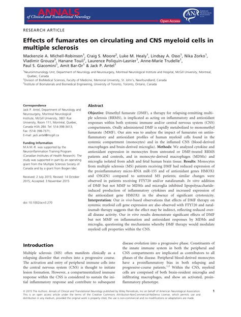 Pdf Effects Of Fumarates On Circulating And Cns Myeloid Cells In