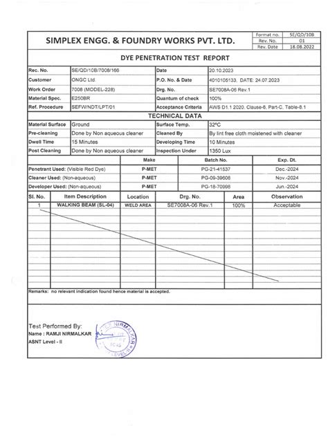 Dye Penetrant Report Pdf