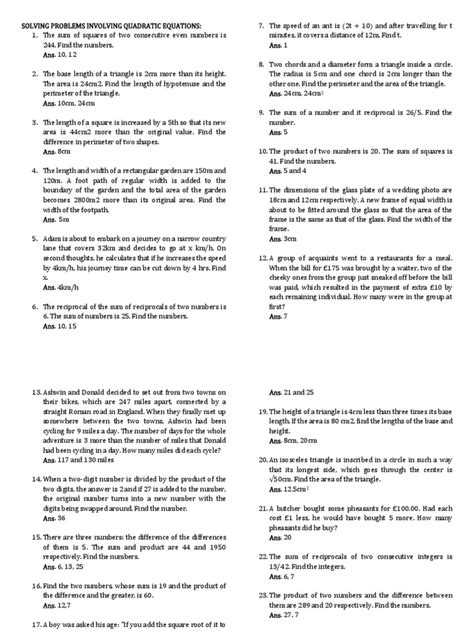 Solving Problems Involving Quadratic Equations Download Free Pdf