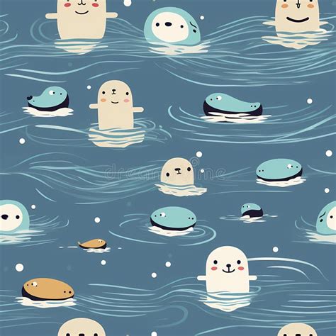 Rough Drawing Of Cute Seals Swimming In The Vast Ocean Seamless Pattern