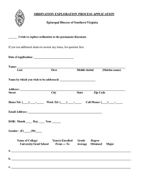 Fillable Online Ordination Exploration Process Application Fax