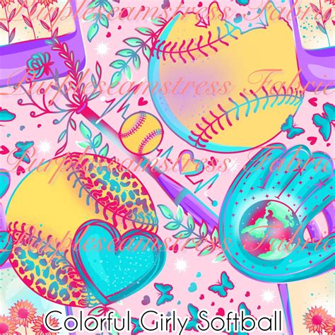 Colorful Girly Softball Fabric Purpleseamstress Fabric