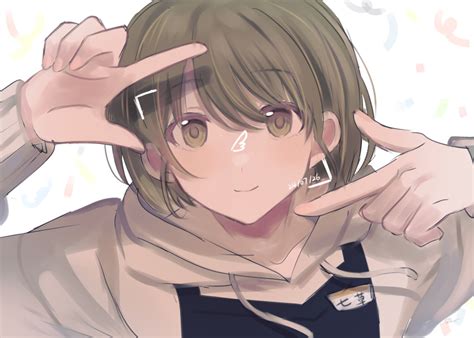 Safebooru 1girl Apron Blue Apron Blush Dated Finger Frame Green Eyes