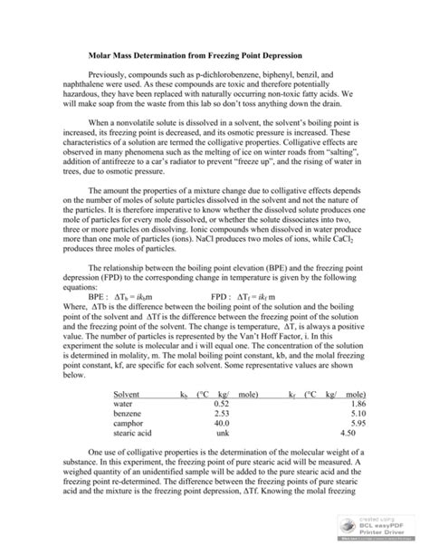 Freezing Point Depression Molar Mass Determination
