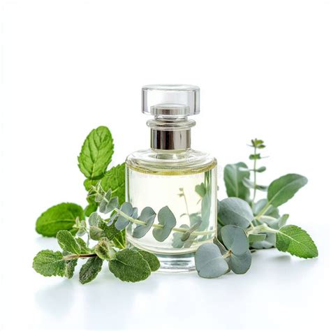 Glass Perfume Bottle Stand With Fresh Combination Of Mint Leaves