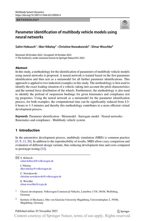 Parameter Identification Of Multibody Vehicle Models Using Neural Networks