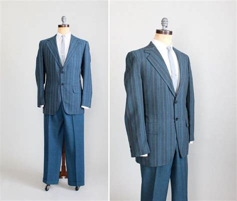 Vintage 1960s Mens Suit 60s Mod Blue Striped Jacket Pants 1960s