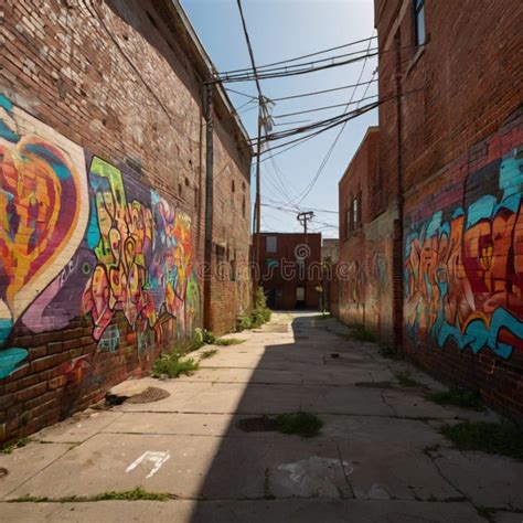 Vibrant Alleyway Art District With Colorful Murals And Street Art Stock