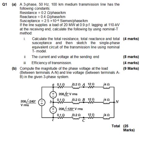 Solved Q1 A A 3 Phase 50 Hz 100 Km Medium Transmission