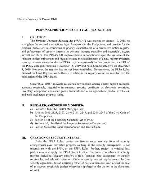 Pacua Ppsa 1 This Is A Summary Of The Personal Property Security
