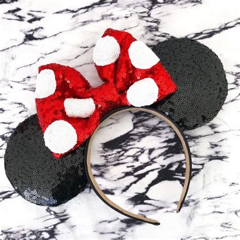 Black Sequins Minnie Mouse Ears Headband With Red And White Polka Dot Bow