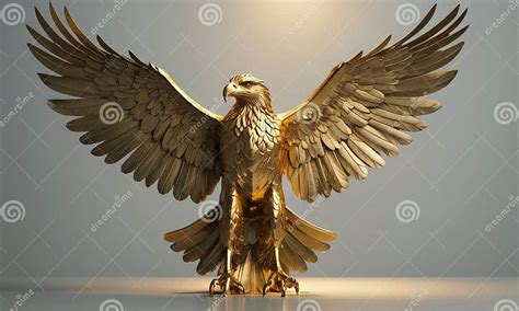Golden Eagle Statue With Outstretched Wings Stands On Gray Surface