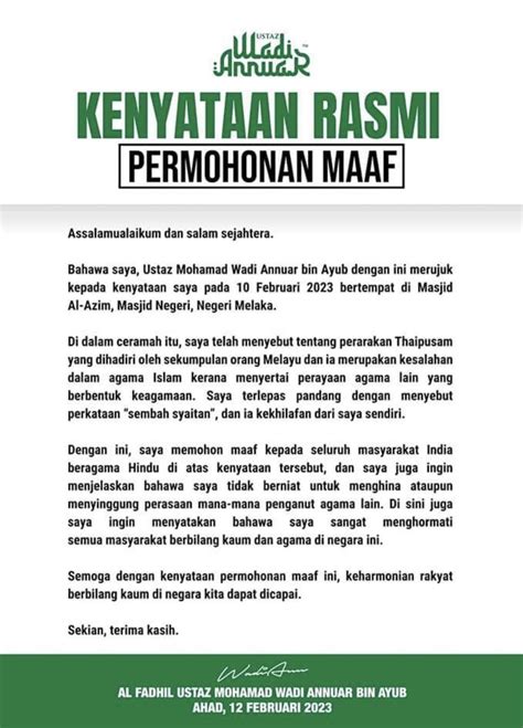 Uztaz Wadis Apology For Using The Term ‘sembah Syaitan When Talking About Thaipusam U