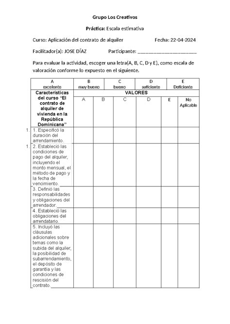Práctica Escala Estimativa Grupo Los Creativos Práctica Escala