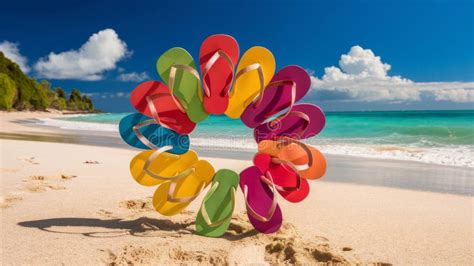 Colorful Flip Flops Arranged In A Circular Pattern On A Pristine Beach
