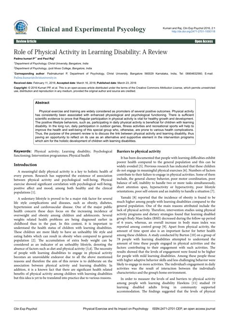 Pdf Role Of Physical Activity In Learning Disability A Review
