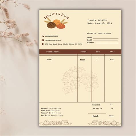 Bakery Invoice Template Receipt Template Business Template Printable