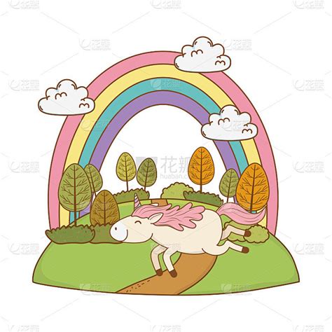 可爱的童话麒麟与彩虹在田野