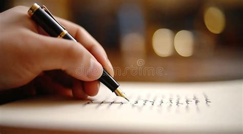 Handwriting With A Fountain Pen On Paper Focus On The Nib And The Ink