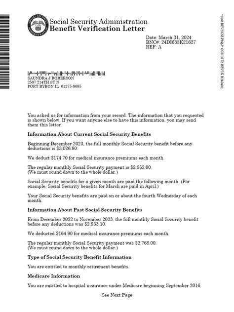 Benefit Verification Letter Pdf Social Security Administration Medicare United States