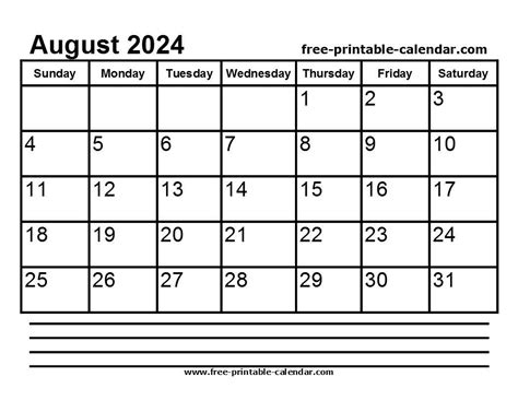 August 2024 Calendar Free Printable