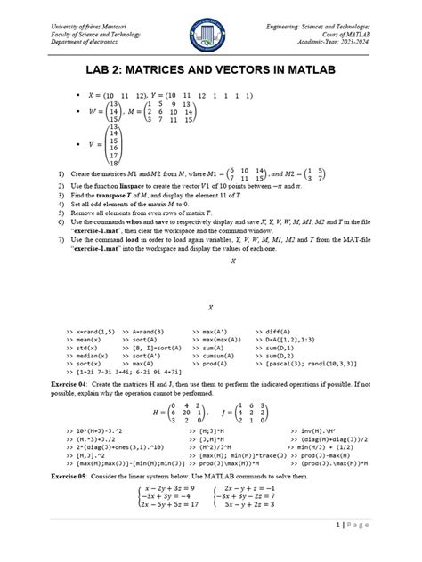 Matlab Lab Matrices And Vectors Exercises Pdf Matrix Mathematics