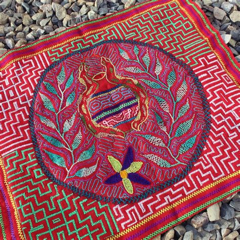 Snakes Chakruna And Kené Pattern Shipibo Handmade Embroidery Ceremonial