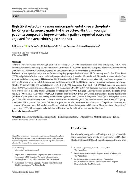 Pdf High Tibial Osteotomy Versus Unicompartmental Knee Arthroplasty For Kellgrenlawrence