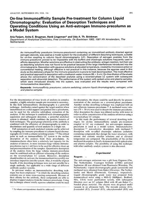On Line Immunoaffinity Sample Pre Treatment For Column Liquid